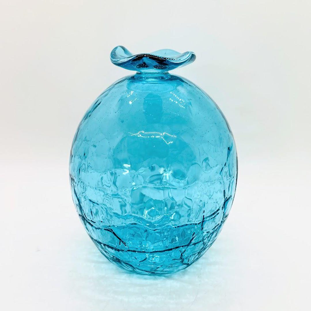 Vintage Blown Art Crackle Glass Style Blue Bud Vase Weed Pot by White ...
