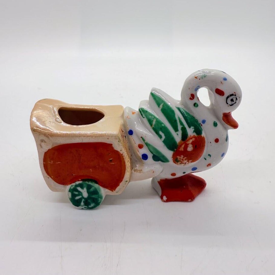 Vintage Mini Ceramic Swan Duck Pulling Cart Japan Lusterware Planter ...