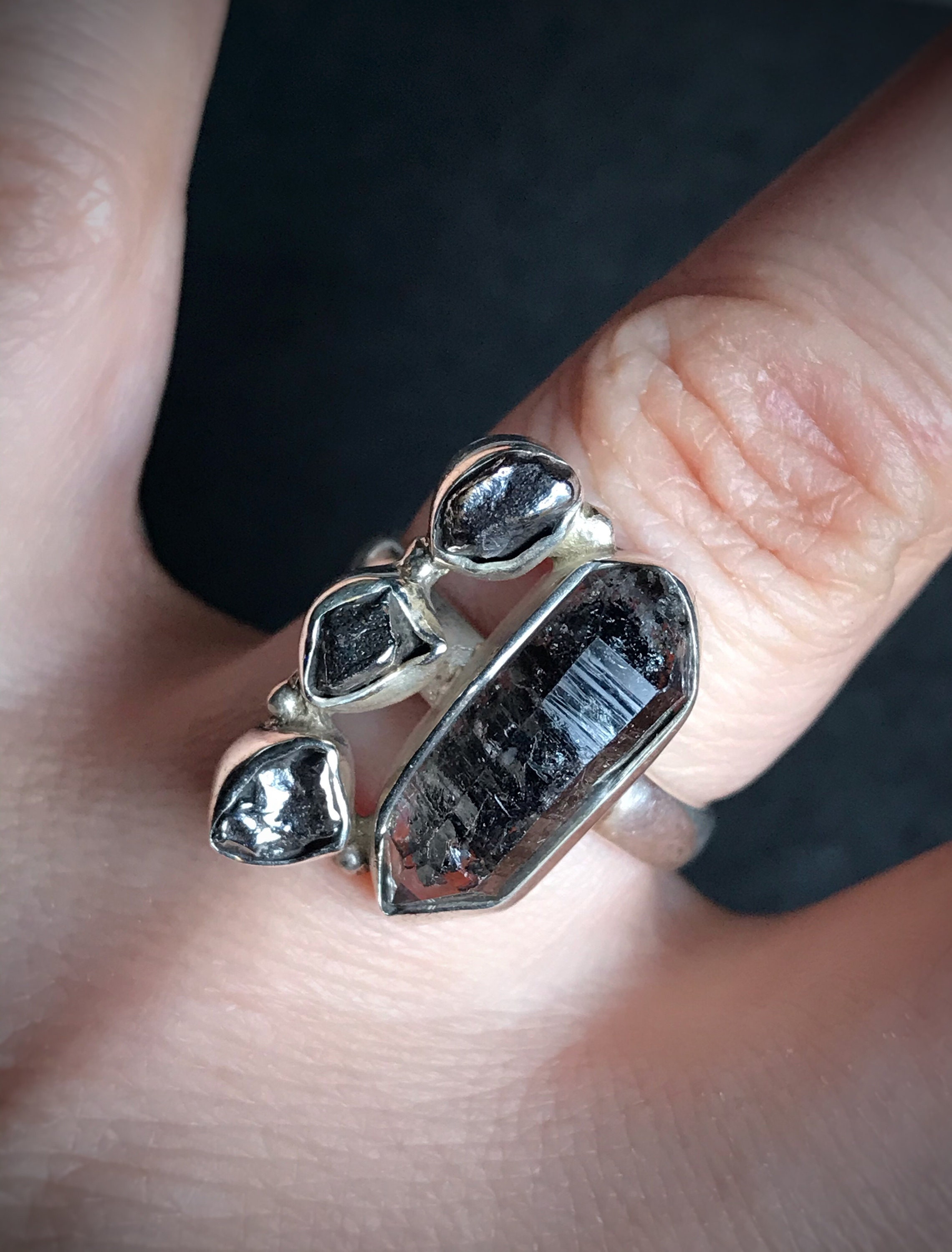Herkimer Diamond Black Tourmaline Ring-Adjustable (Size