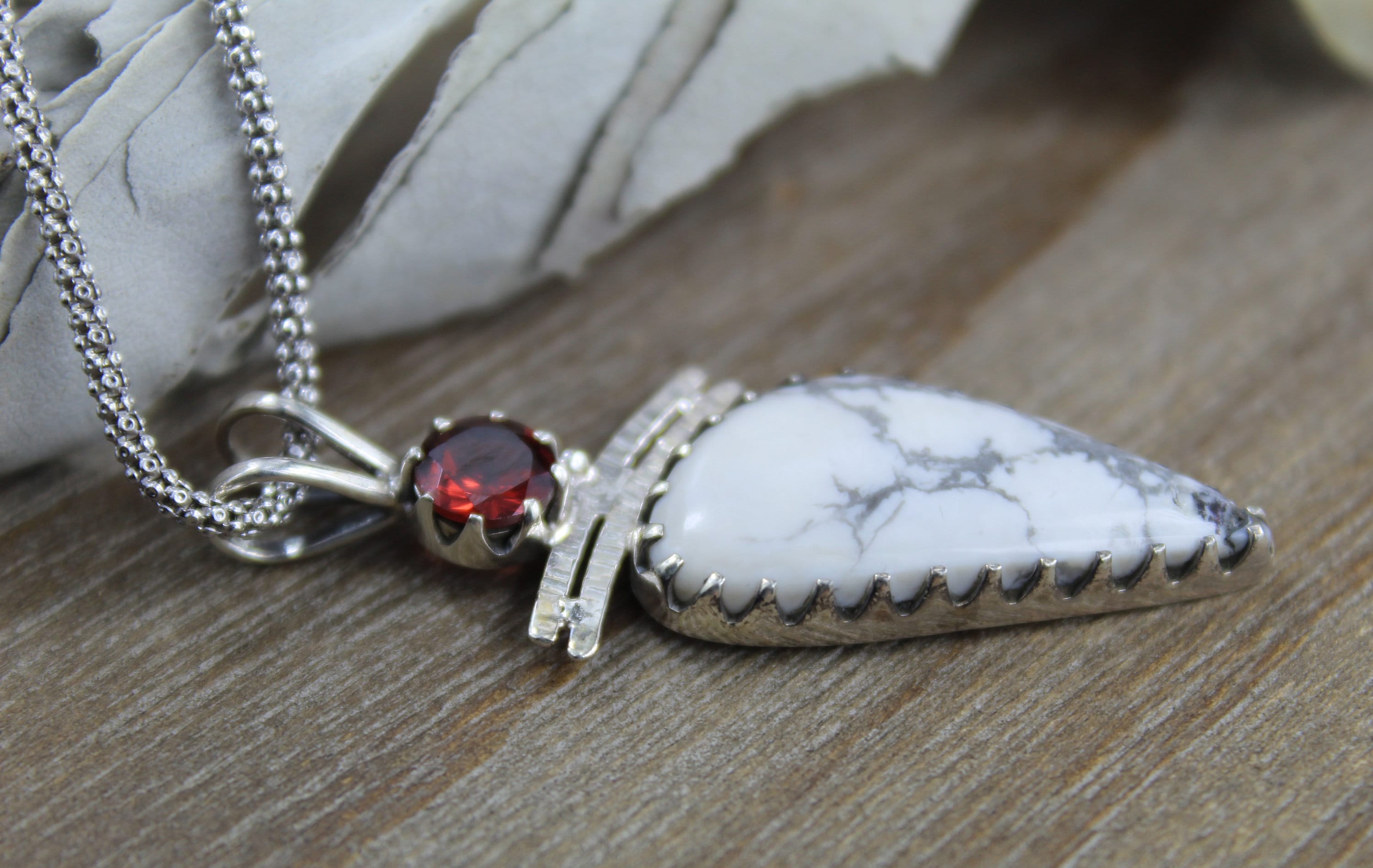 Solid Silver Natural Genuine White Howlite Garnet gemstone | Etsy