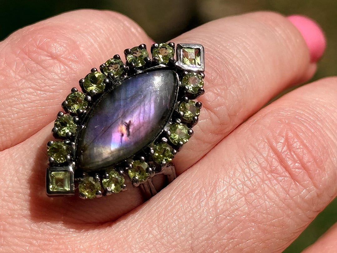 Luxury Purple Labradorite and Peridot Ring, Marquise Sterling Silver ...