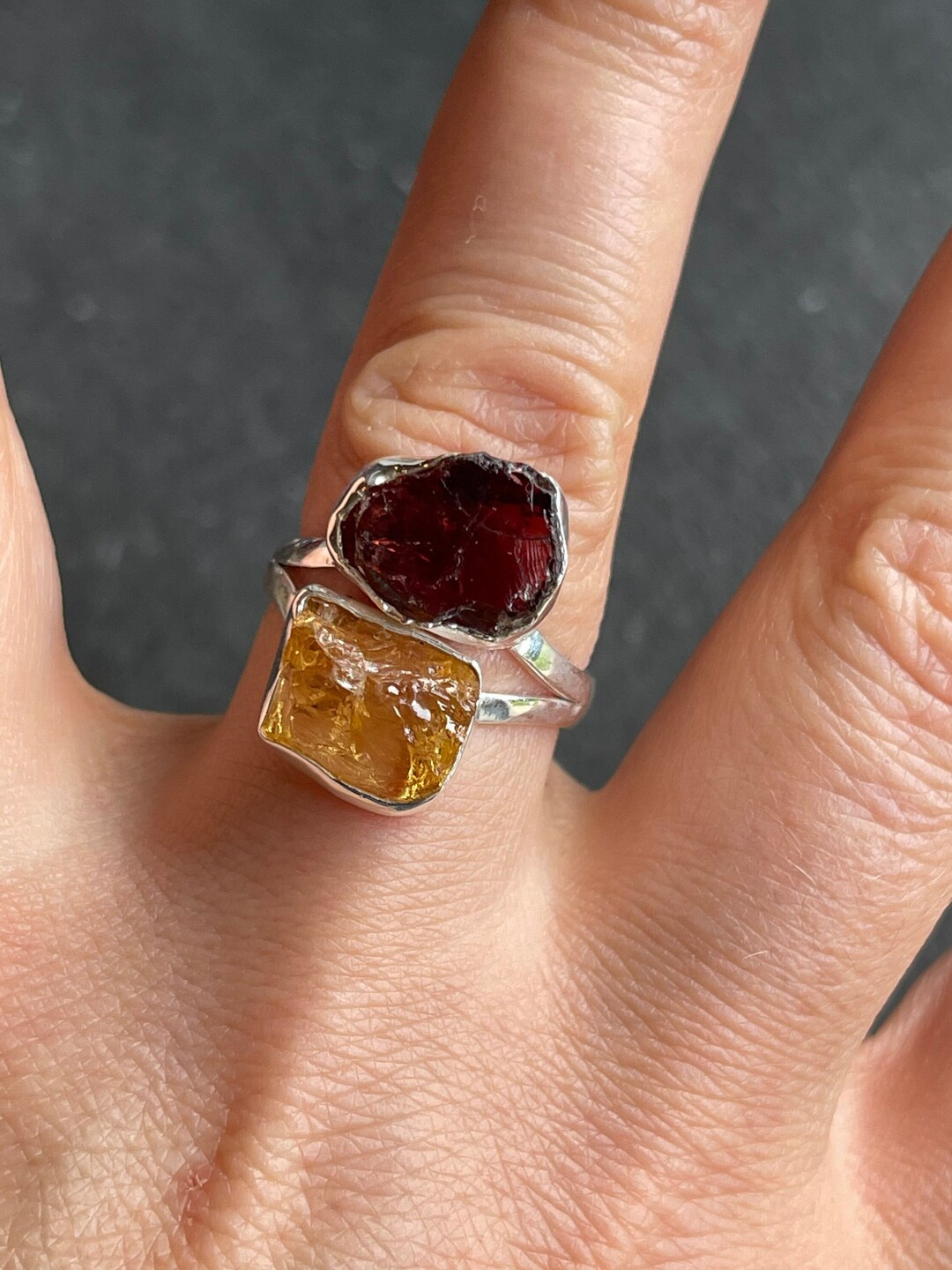 Natural, Rough Citrine, Raw Garnet, Solid Silver Ring, Raw Garnet Ring, Raw Citrine Ring Size 8. ...