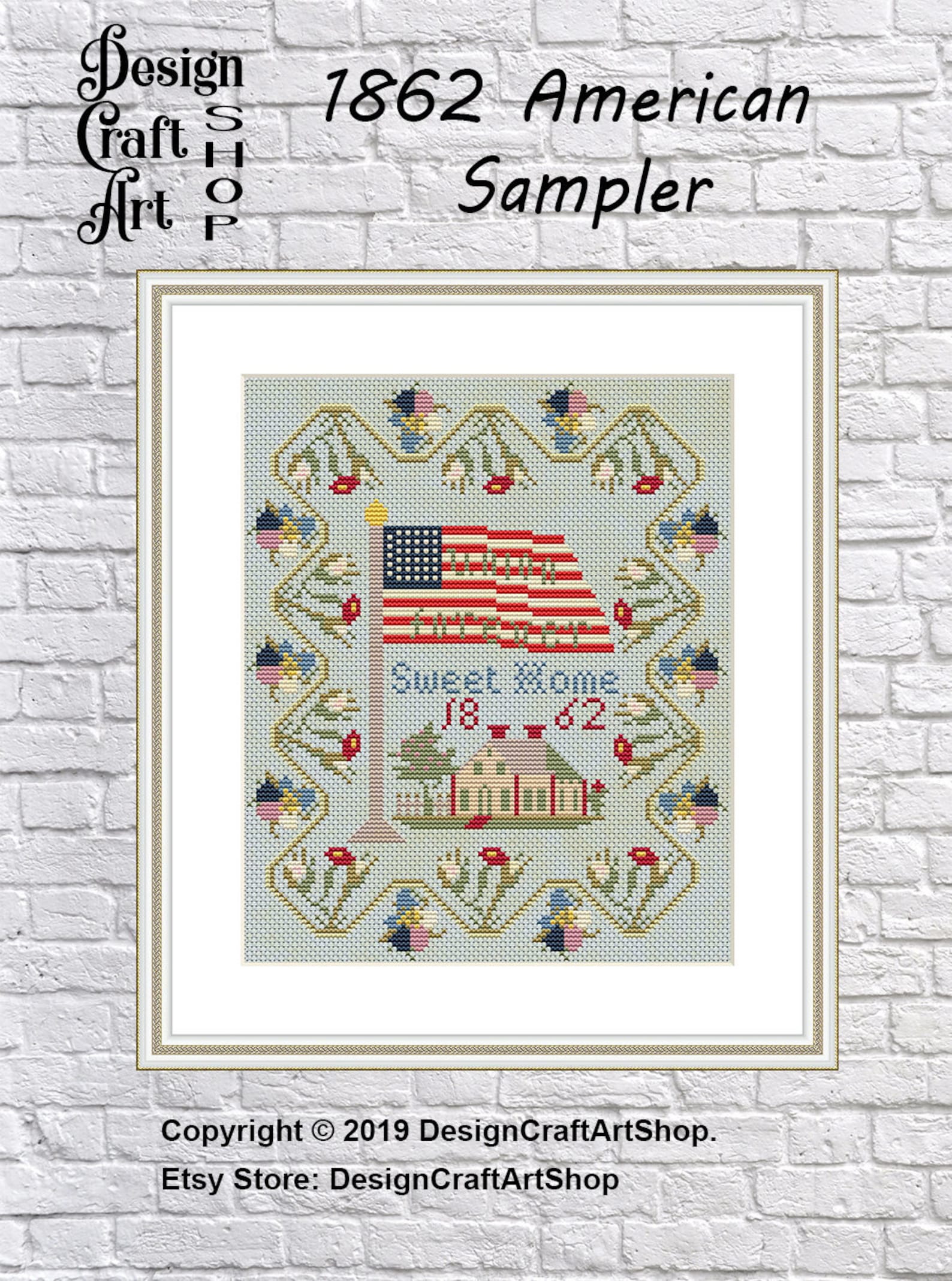 Antique 1862 American Flag Patriotic Sampler Reproduction Cross Stitch ...
