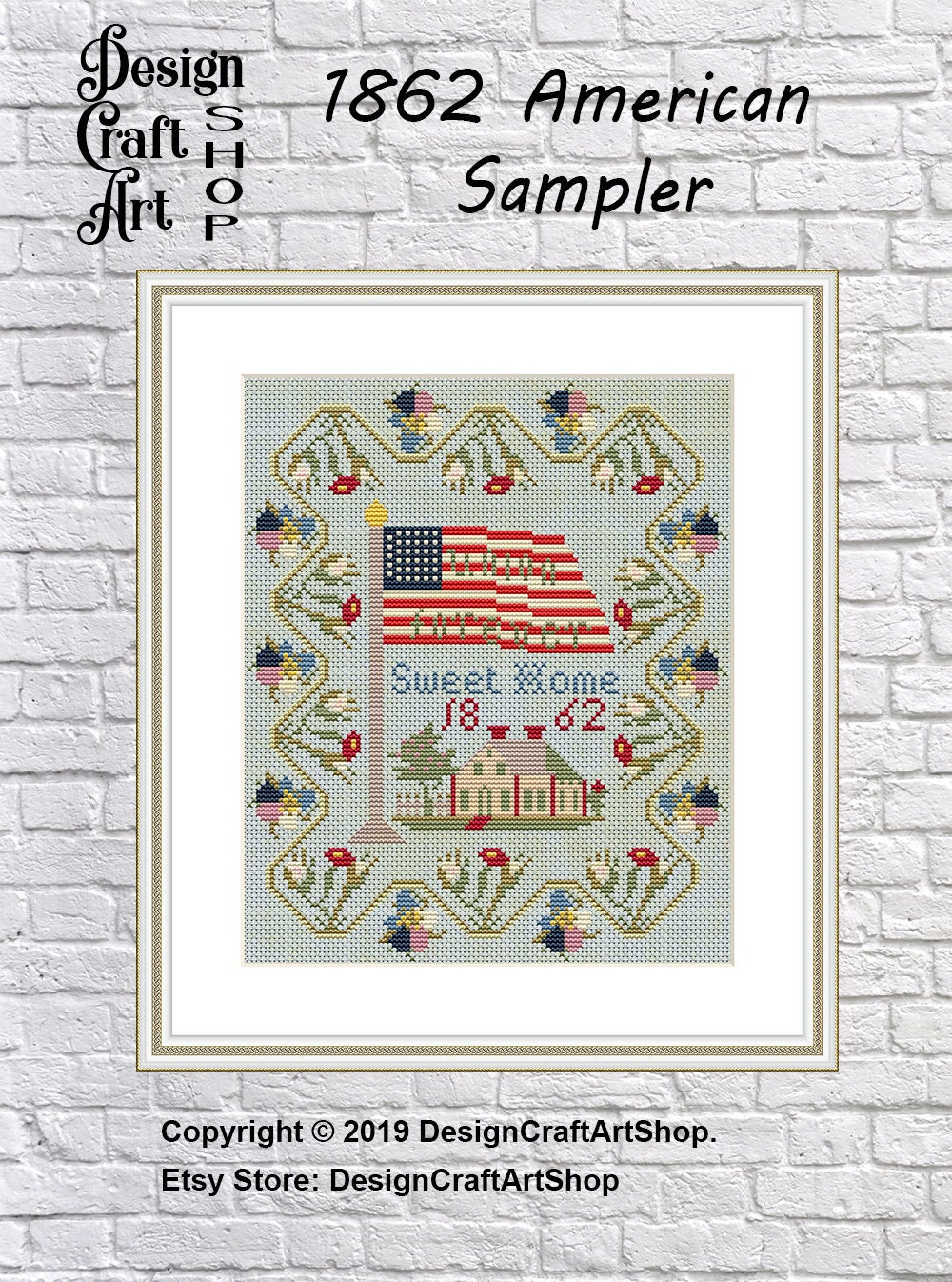 Antique 1862 American Flag Patriotic Sampler Reproduction Cross Stitch ...