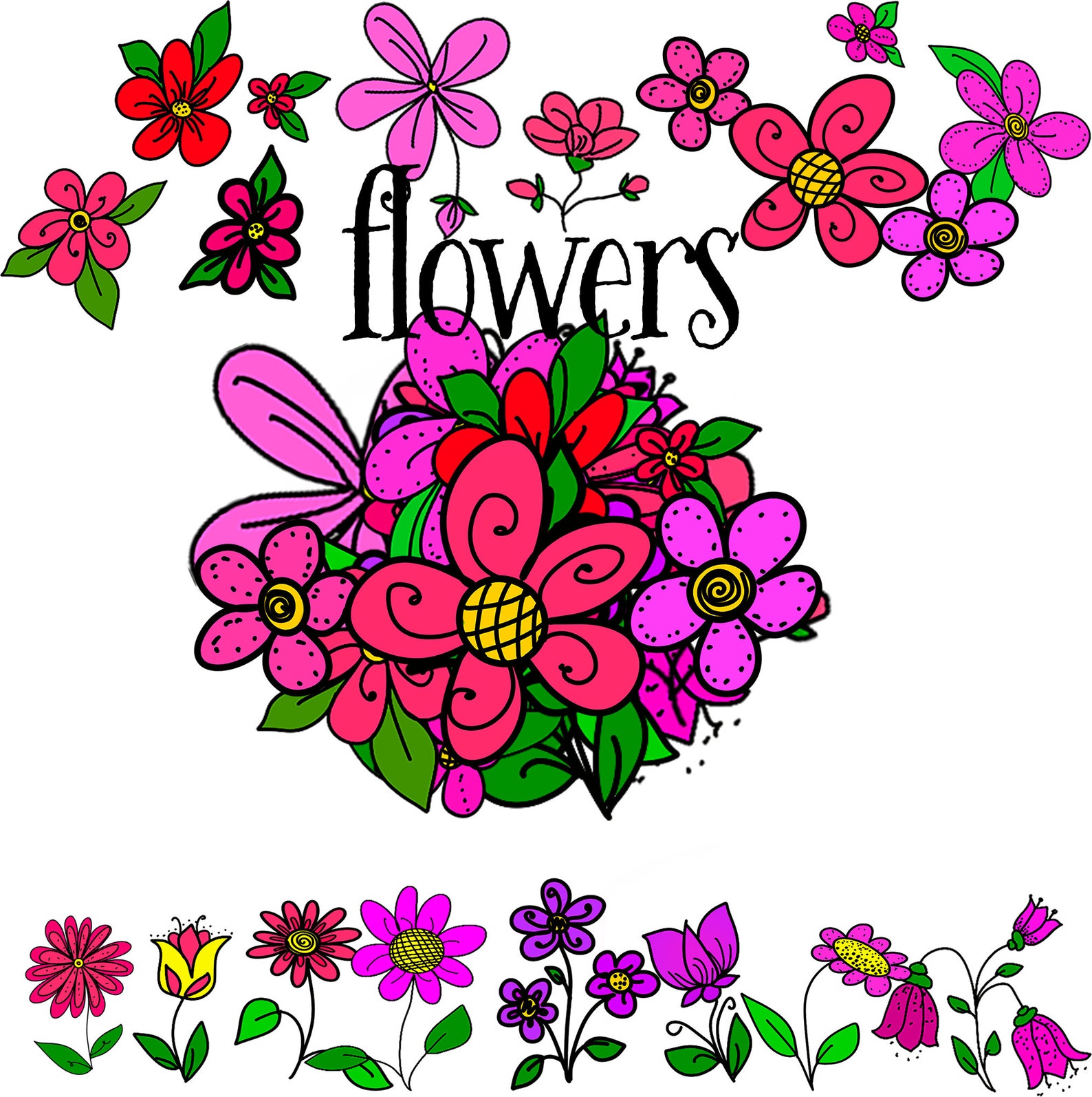 Doodle Clipart, Digital Handdrawn Flower Clipart, Flowers and Doodles ...