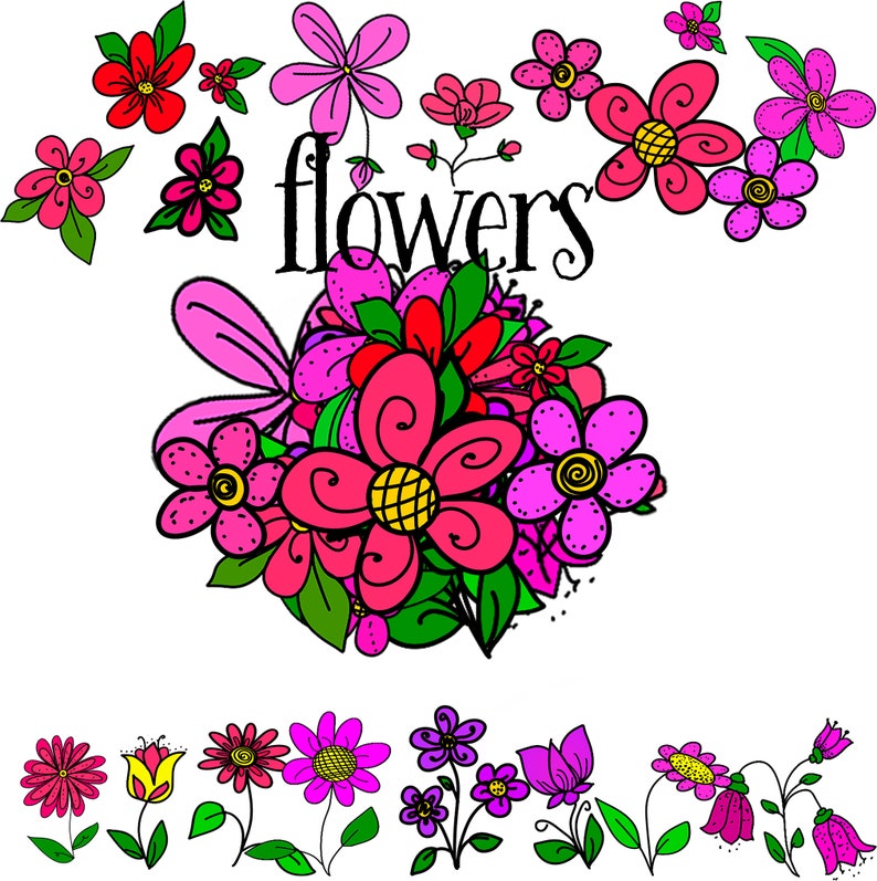 Doodle Clipart, Digital Handdrawn Flower Clipart, Flowers and Doodles ...