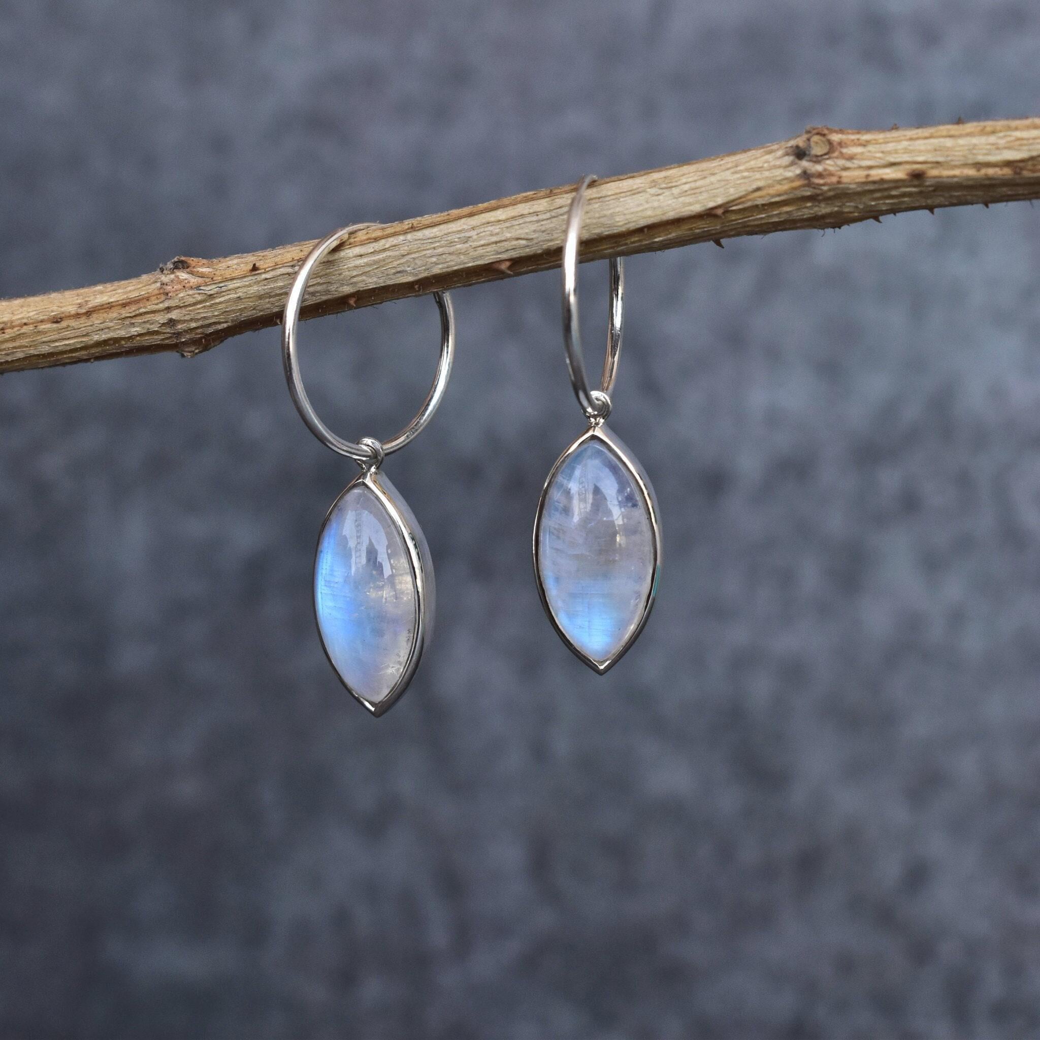 Natural Moonstone Earrings* Rainbow Moonstone Marquise Hoop * Sterling ...