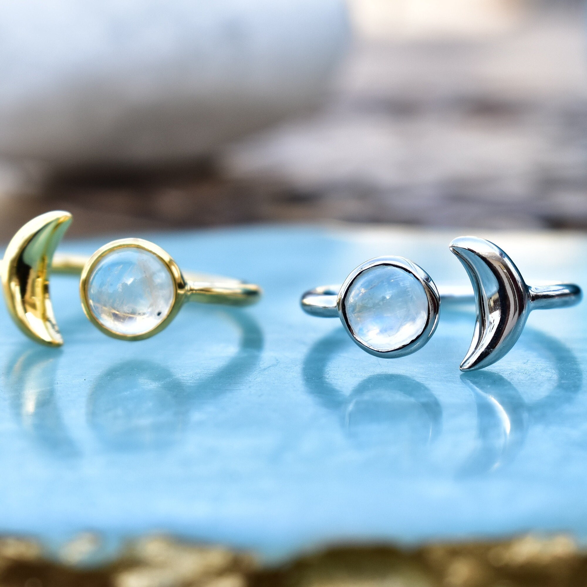 Moonstone Lunar Ring Lunar Celestial Ring Half Moonstone - Etsy