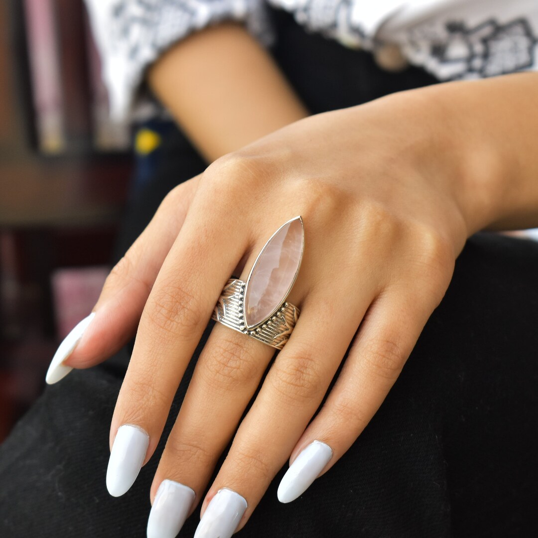 Long Rose Quartz Ring* Natural Rose Quartz Statement Ring* Rose Quartz Love Ring Women* Pink ...