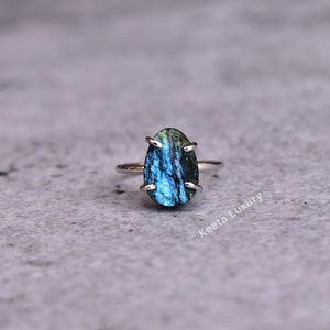 Raw Labradorite Ring, Rough Gemstone Ring, Boho Crystal Ring, Sterling Silver Ring, Stackable ...