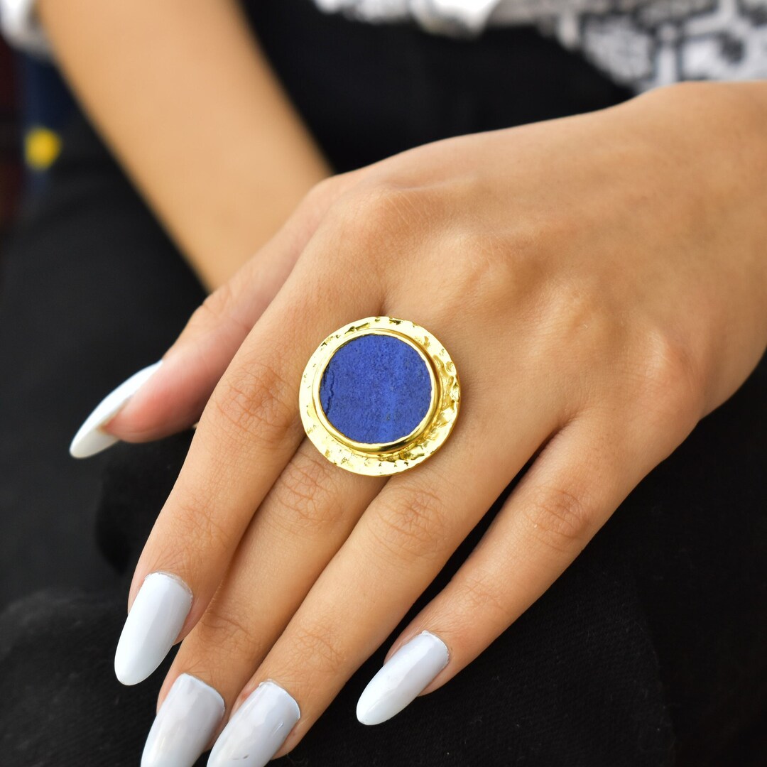 Genuine Lapis Lazuli Ring* Statement Lapis Ring for Women* 14K Gold Vermeil Ring* Huge Lapis ...