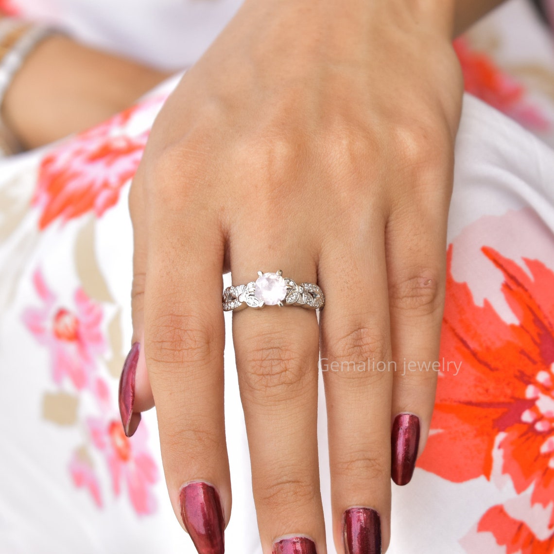 New Arrival Halo Natural Bridal Rose Quartz & CZ Ring - Etsy