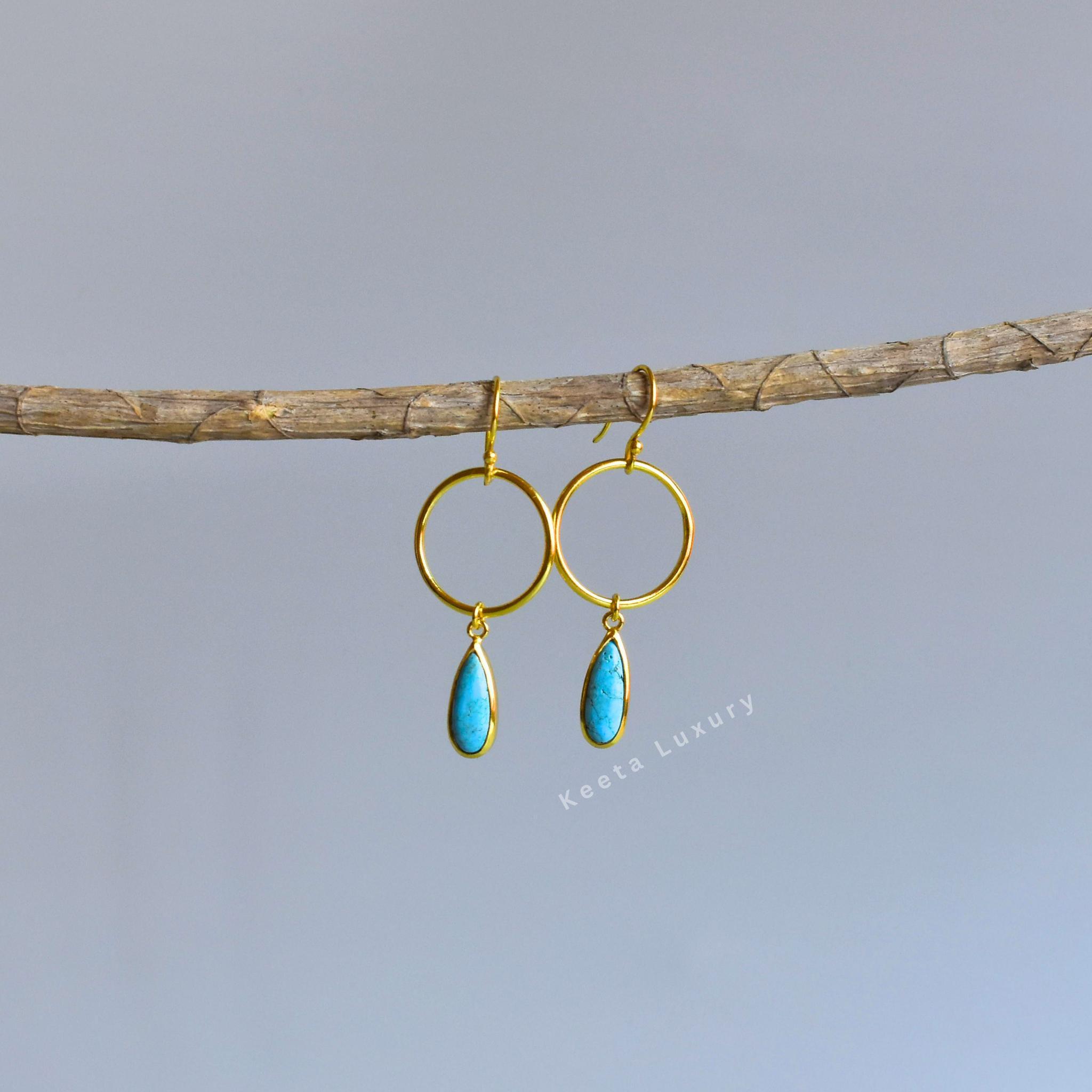 Natural Turquoise Drop Dangler, 14K Gold Handmade Jewelry, Healing ...