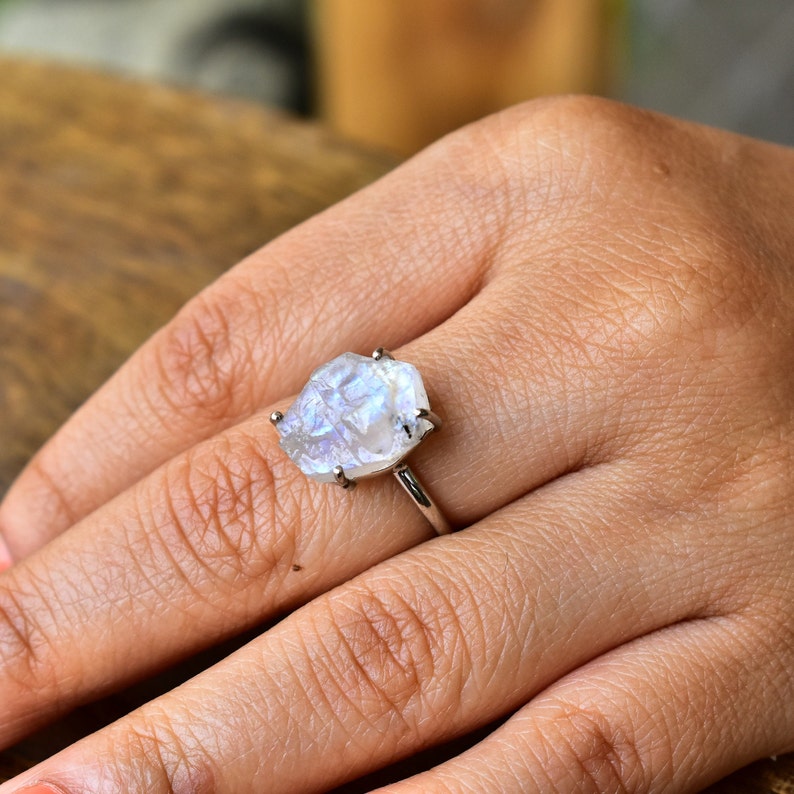 Raw Moonstone RHODIUM PLATED Ring Raw Crystal Ring Rainbow - Etsy