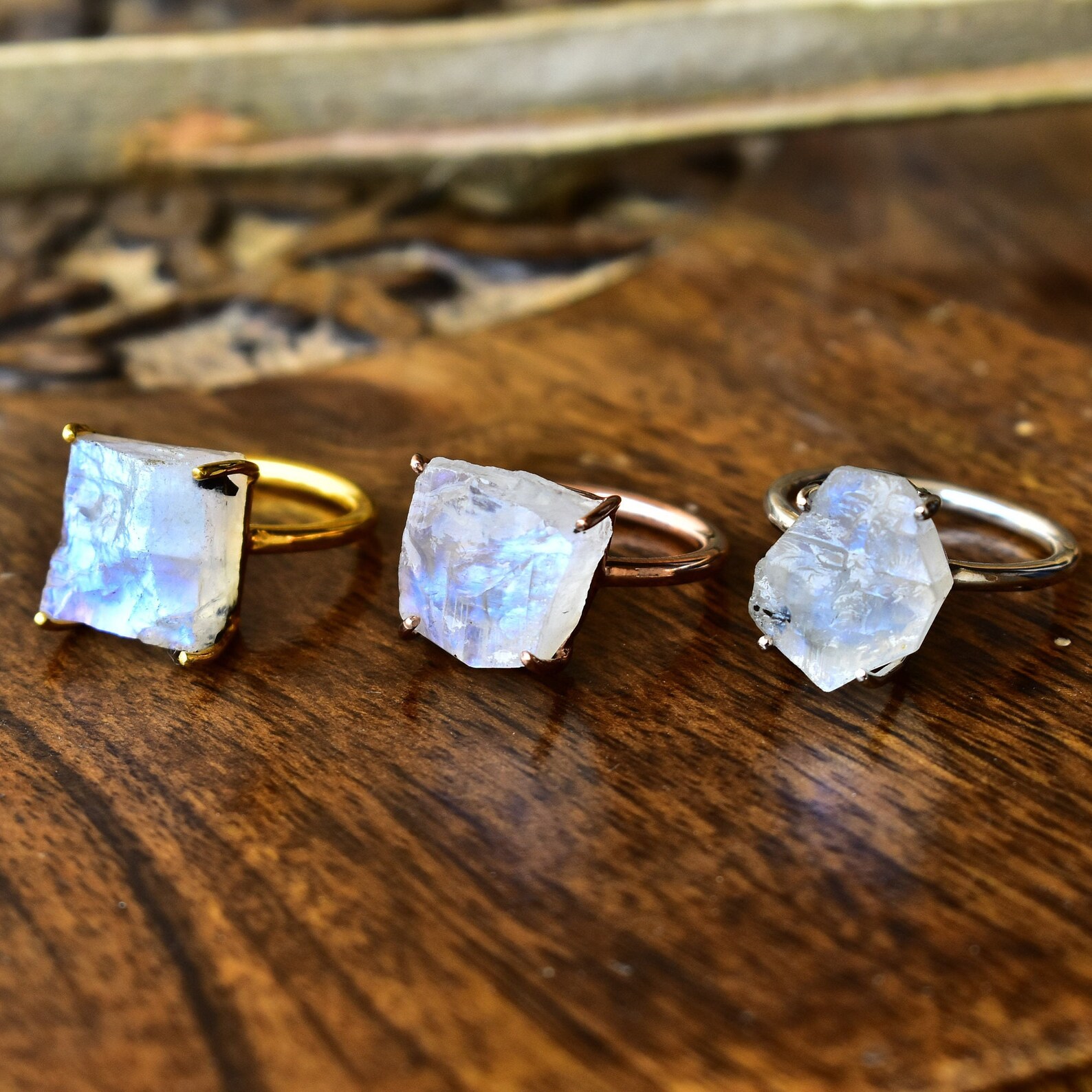 Raw Moonstone RHODIUM PLATED Ring Raw Crystal Ring Rainbow - Etsy