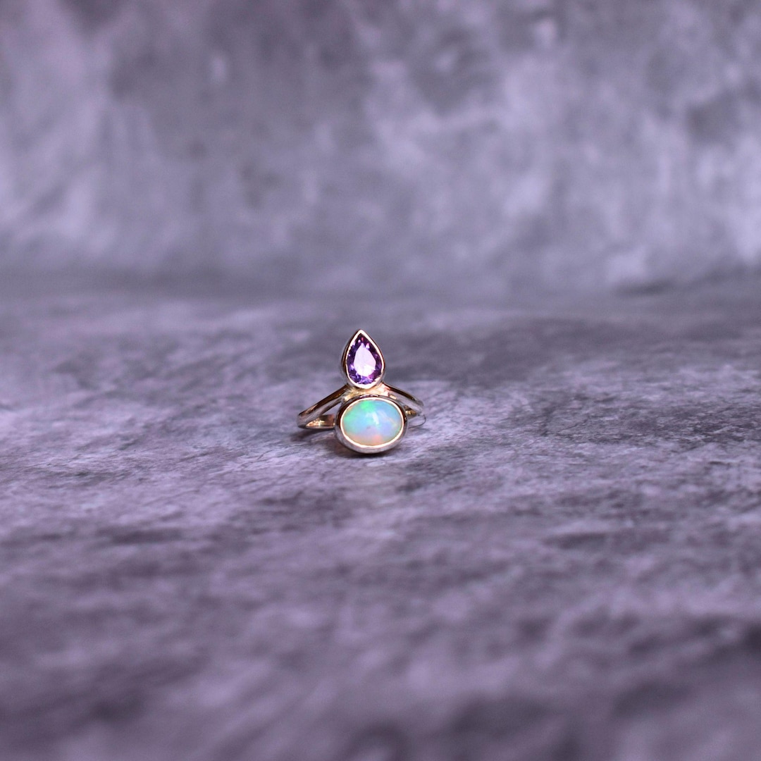 Natural Opal and Amethyst Ring , Two Gemstone Ring , Sterling Silver ...