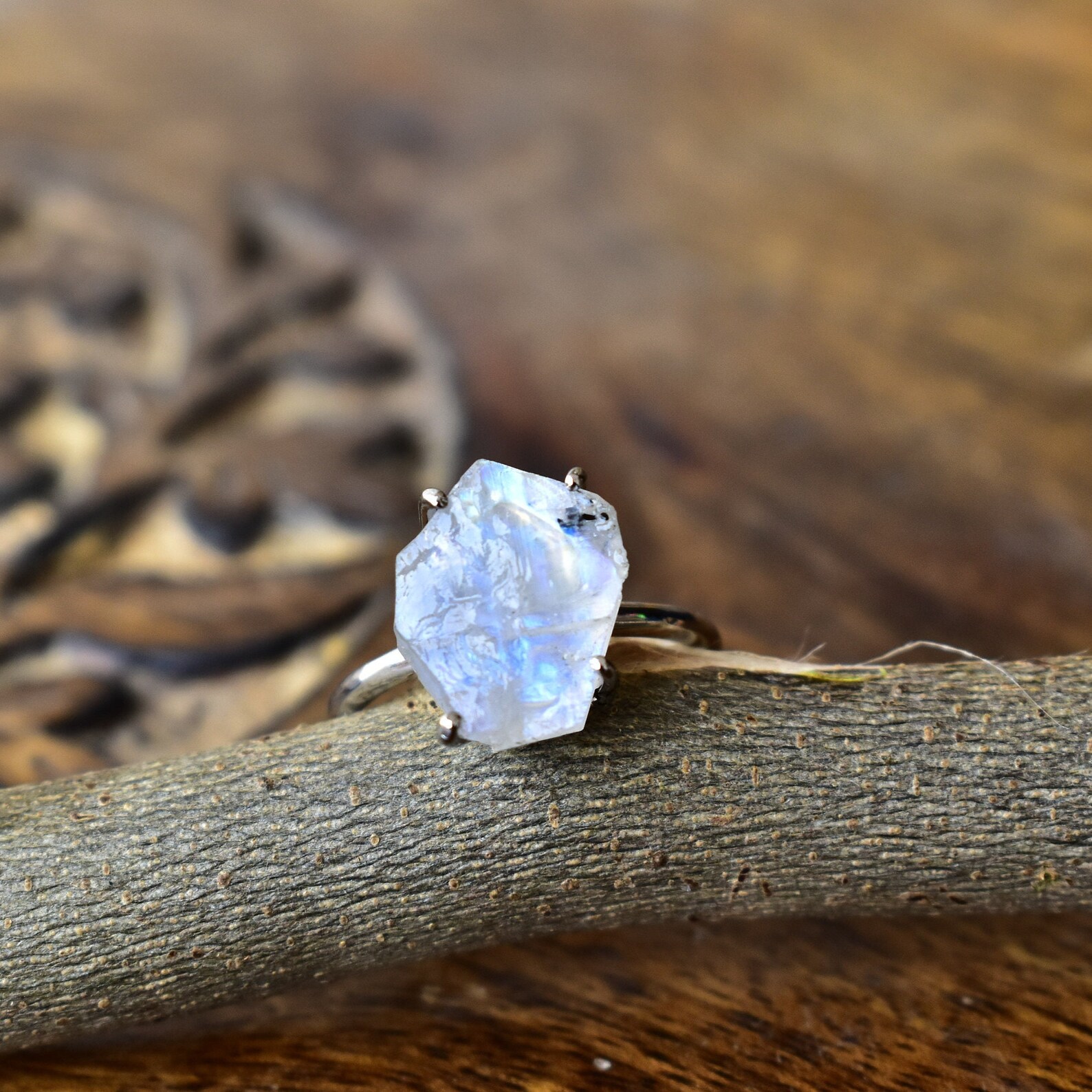 Raw Moonstone RHODIUM PLATED Ring Raw Crystal Ring Rainbow - Etsy