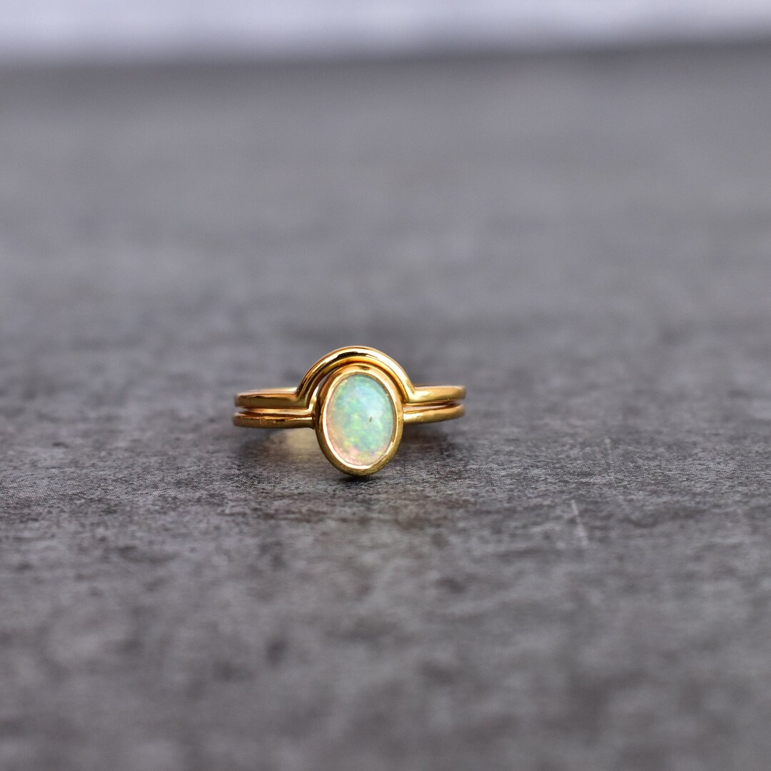 Natural Opal Ring Set* Multi Flashy Opal Ring or Her* 14K Gold Handmade ...