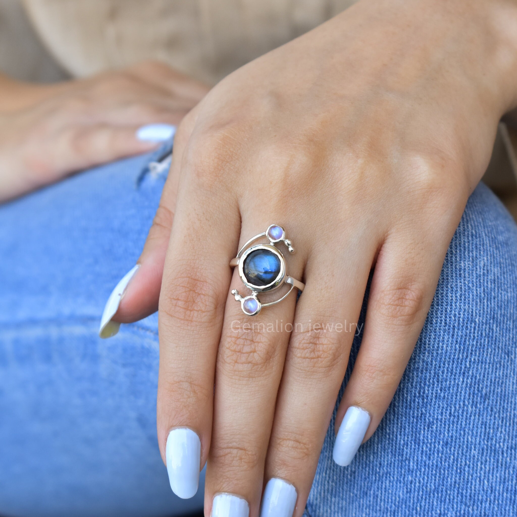 Natural Moonstone and Labradorite Ring Blue Flashy Two - Etsy UK