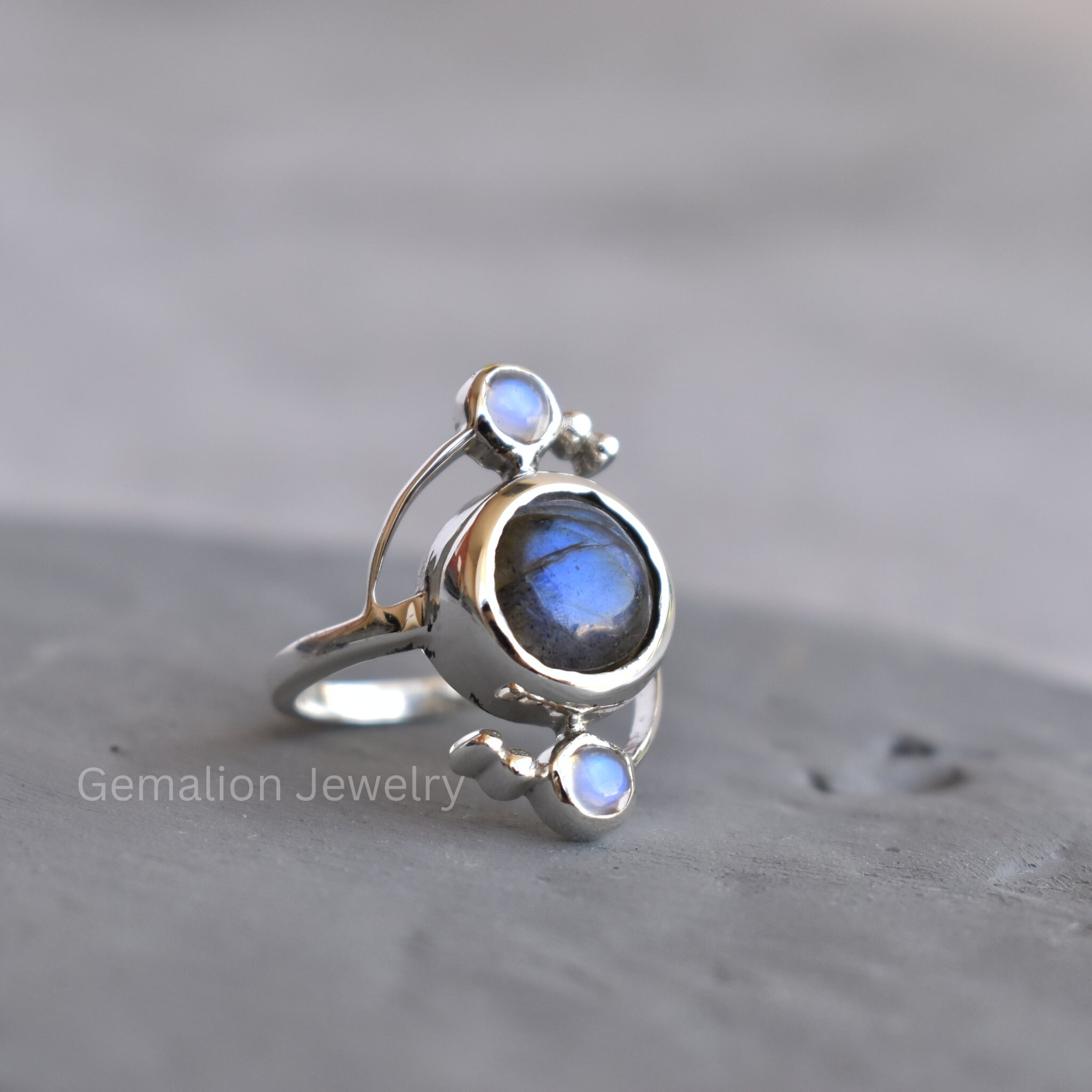 Natural Moonstone and Labradorite Ring Blue Flashy Two - Etsy UK