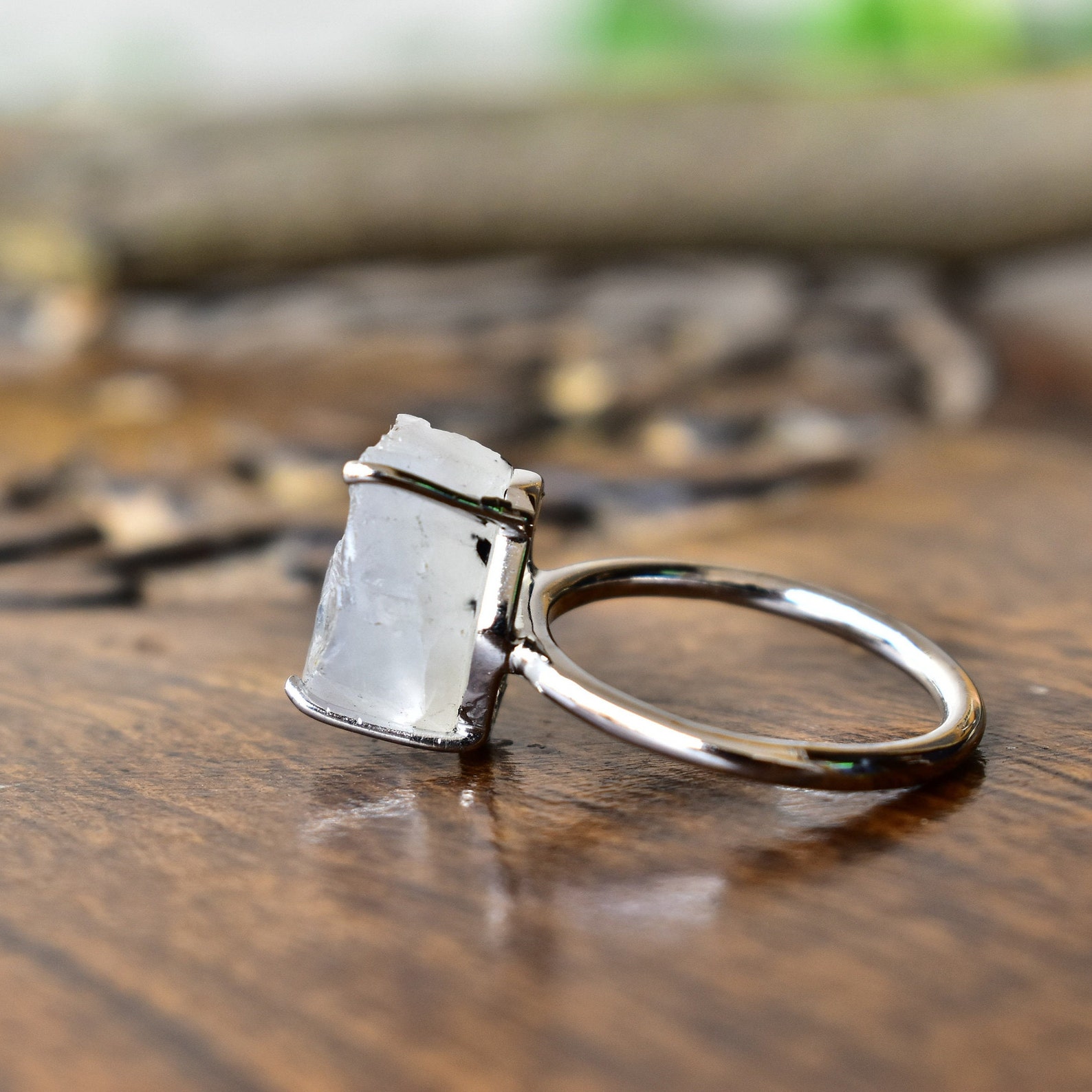 Raw Moonstone RHODIUM PLATED Ring Raw Crystal Ring Rainbow - Etsy