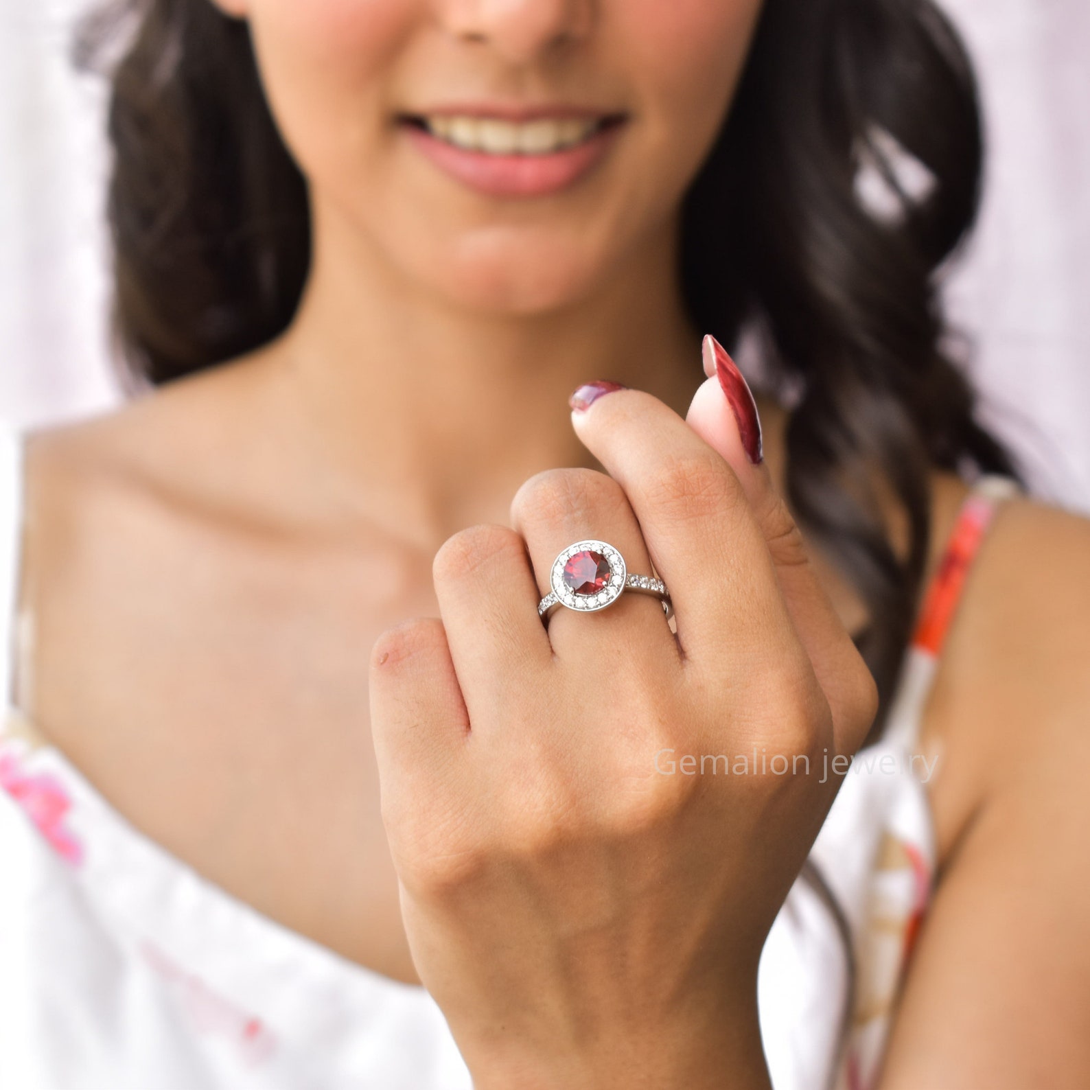 Red Garnet Round Cut Sterling Silver Engagement Ring Natural - Etsy