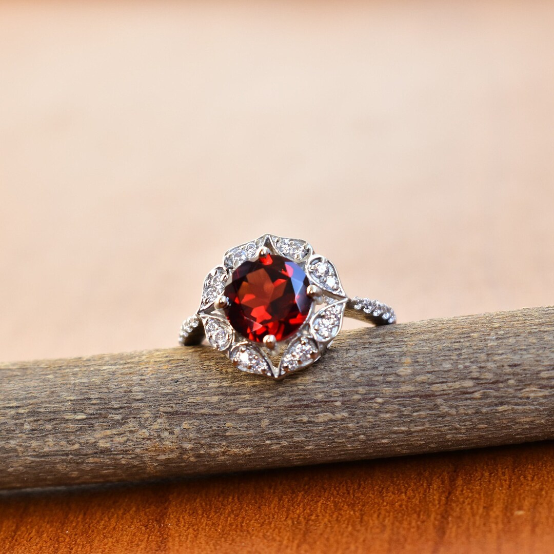 Natural Vintage Inspired Red Garnet Ring, Garnet Halo Ring, Garnet ...