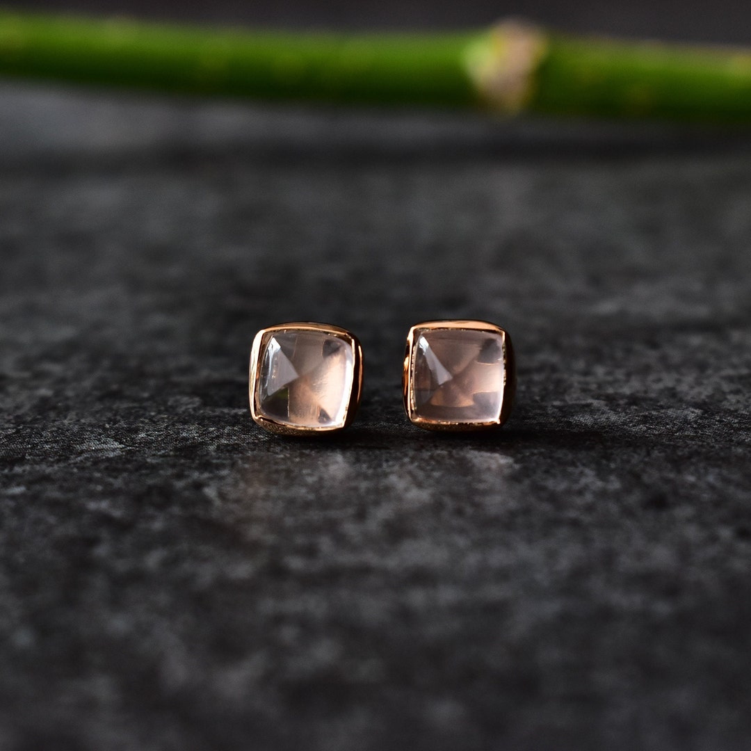 Natural Rose Quartz Studs, Sterling Silver Pink Rose Quartz Sugar Loaf ...