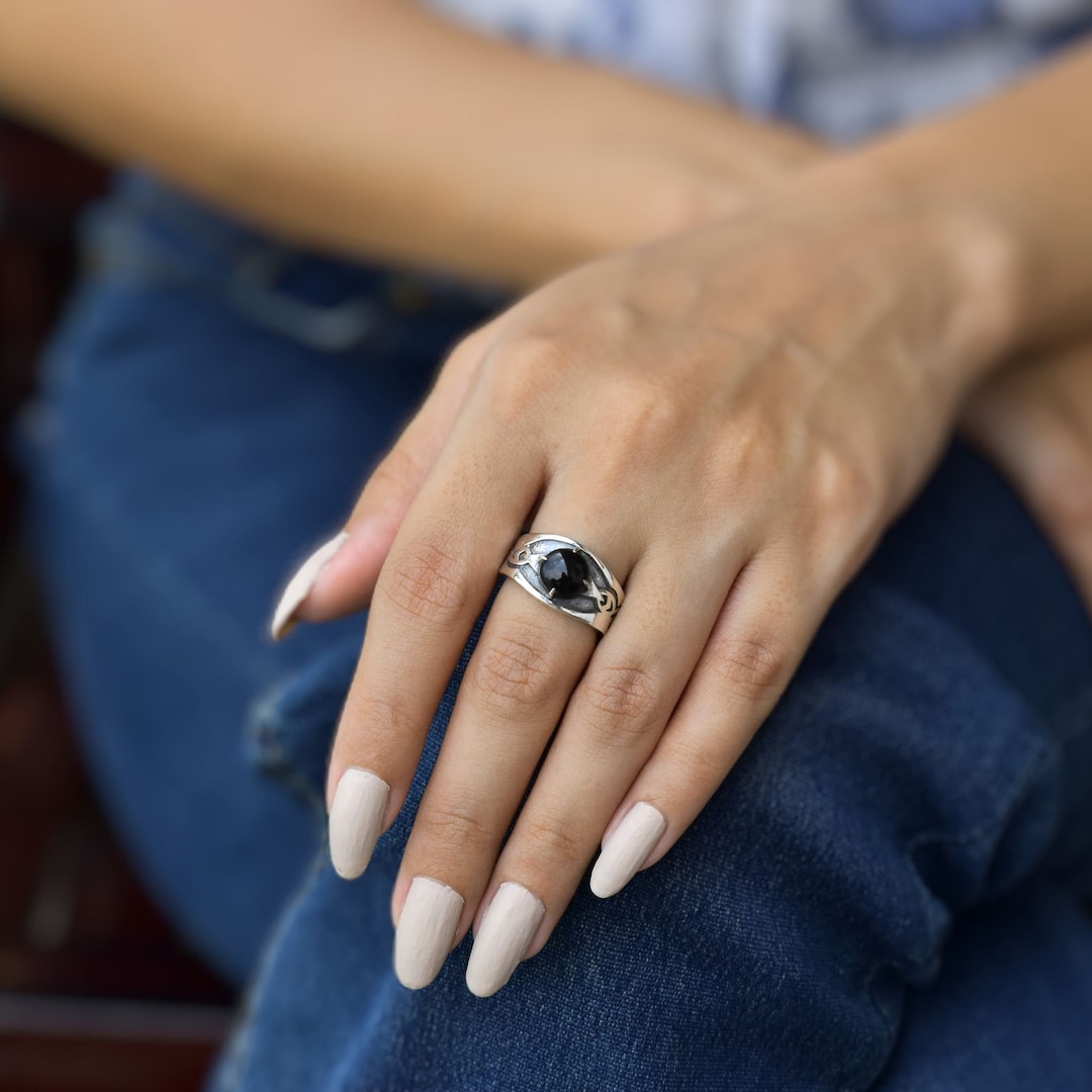 Genuine Black Onyx Ring* Celtic Black Stone Onyx Ring* Silver Oxidized ...