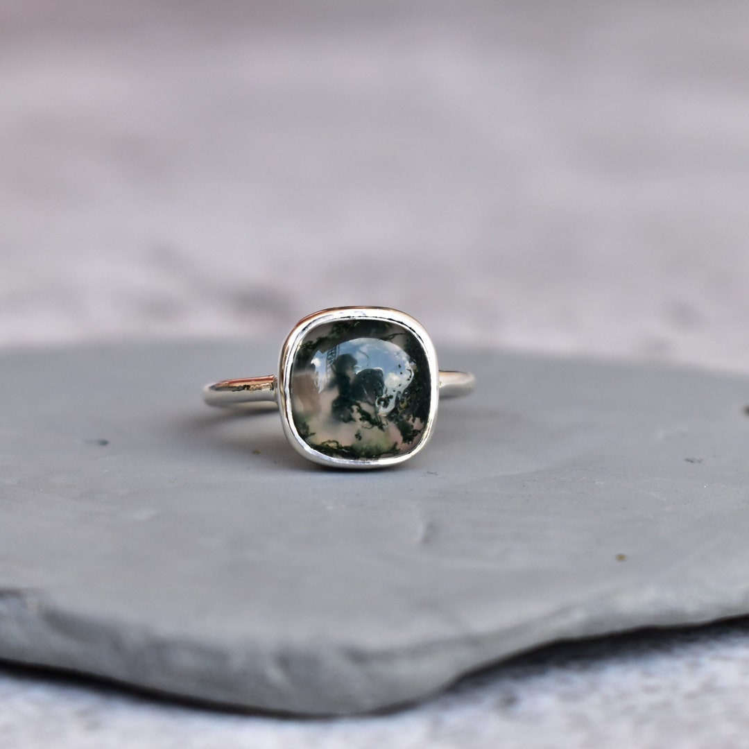Genuine Moss Agate Ring* Agate Handmade Ring* Square Moss Agate Ring* Healing Gemstone Ring ...