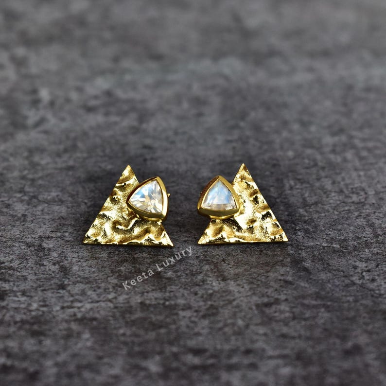 Rainbow Moonstone Studs Earrings* Moonstone Double Triangle Studs* 14K ...
