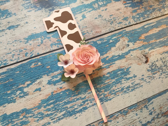 Cow Print Cake Topper Floral Cake Topper Party Decor 1st | Etsy