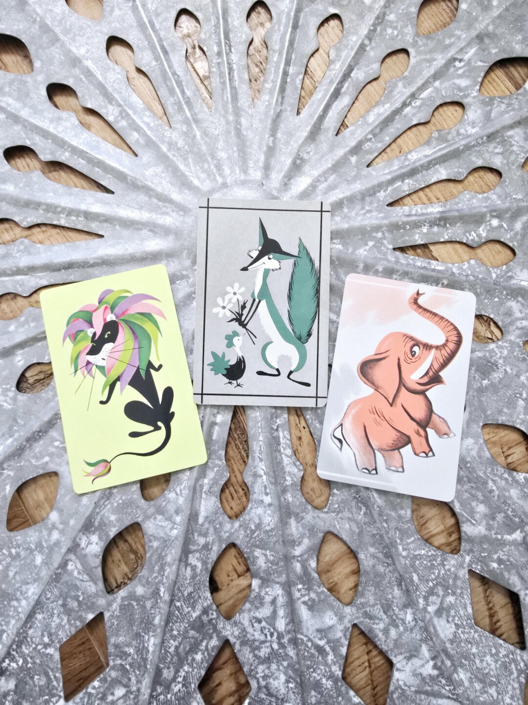 Set 3 Vintage Animal Playing Cards, Fox, Elephant, Antique Trade Swap ...