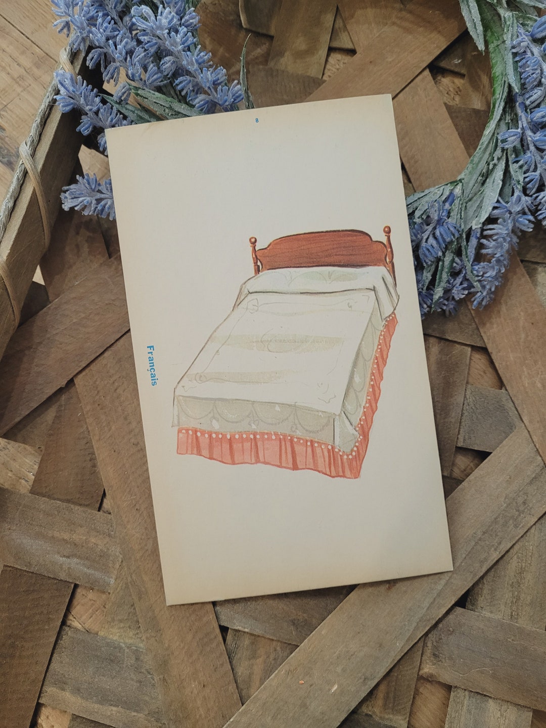 Vintage French Bed Card, Midcentury Decor, Antique Flashcards, Vintage ...