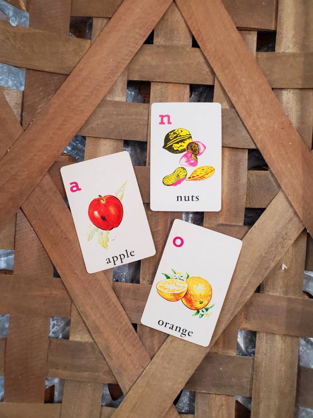 Vintage Apple Orange Nuts Flash Card, Kitchen Decor, Antique Flashcards ...