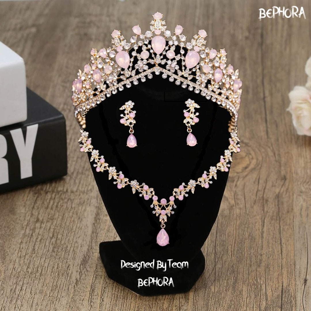 Light Pink Opal Bridal Tiara: Crystal Wedding Jewelry Set - Etsy