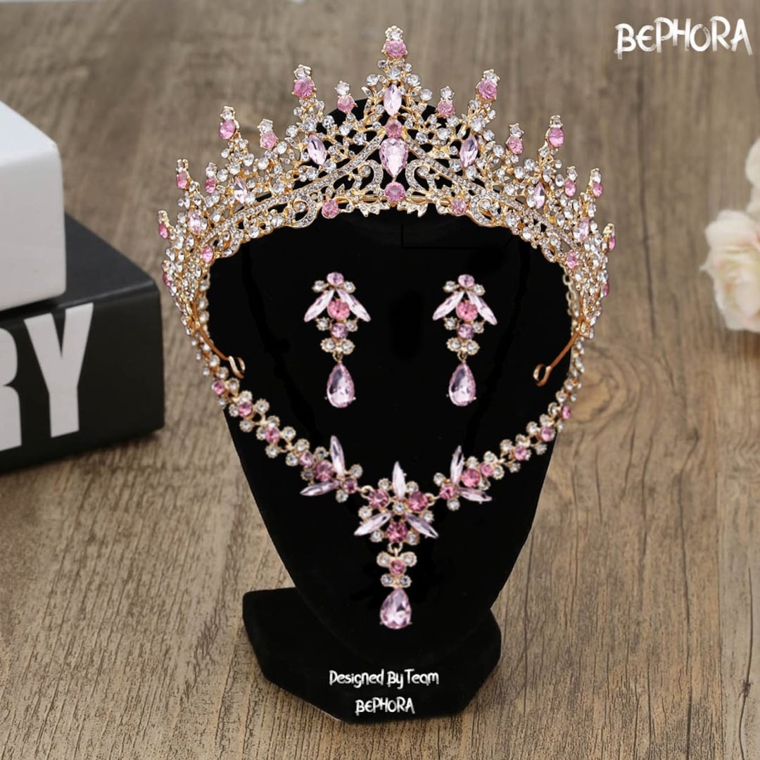 Pink Baroque Crystal Quinceanera Crown - Pink Gold Tiara, Necklace and ...