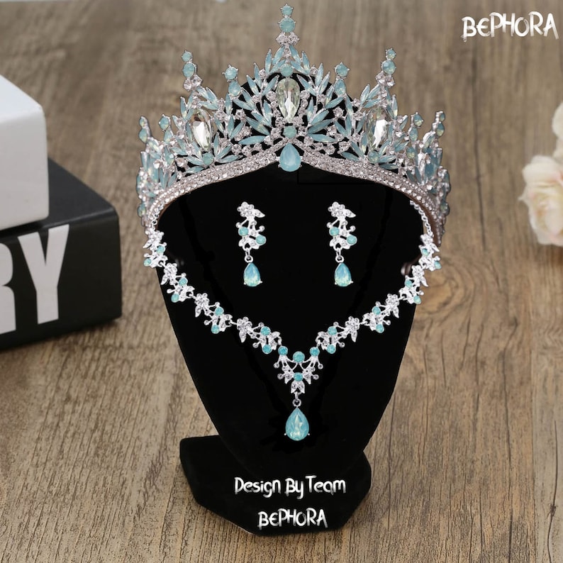 Quinceanera Light Blue Opal Tiara Jewelry Set – Crystal Bridal Crown ...