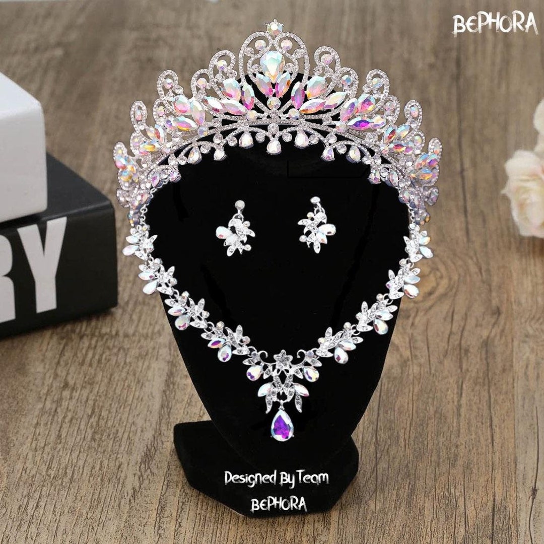 Bephora Iridescent AB Crystal Quinceanera Crown, Silver AB Crystal ...
