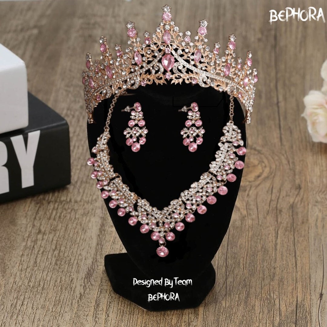 Pink Crystal Bridal Tiara Set: Quinceanera Crown, Necklace & Earrings ...