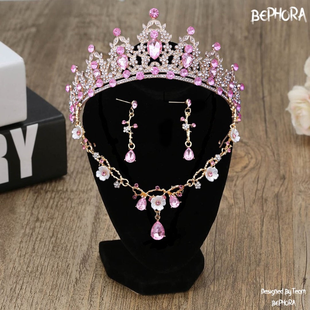 Light Pink Gold Bridal Tiara - Quinceanera Crown, Sweet 15 Crown, Baby ...