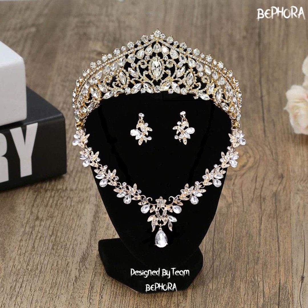 Regal Gold Baroque New Crown Earring Set, Luxurious Bridal Headpiece ...