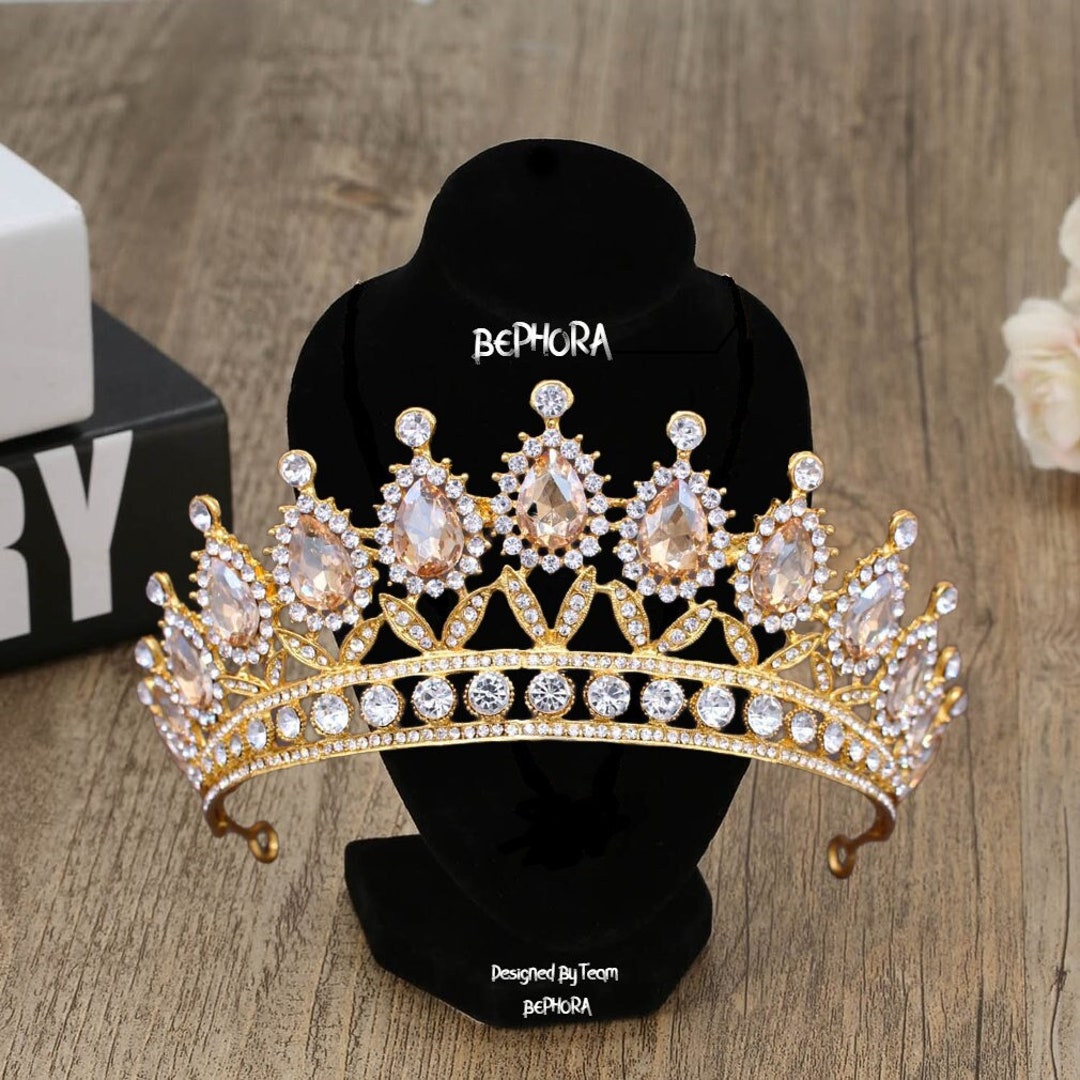 Gold Champagne Crystal Bridal Tiaras Crown Vintage Big Rhinestone Crown ...