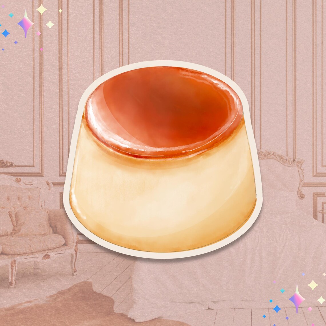 Flan Watercolor Sticker, Cute Dessert Café Aesthetic Sticker, Kawaii ...