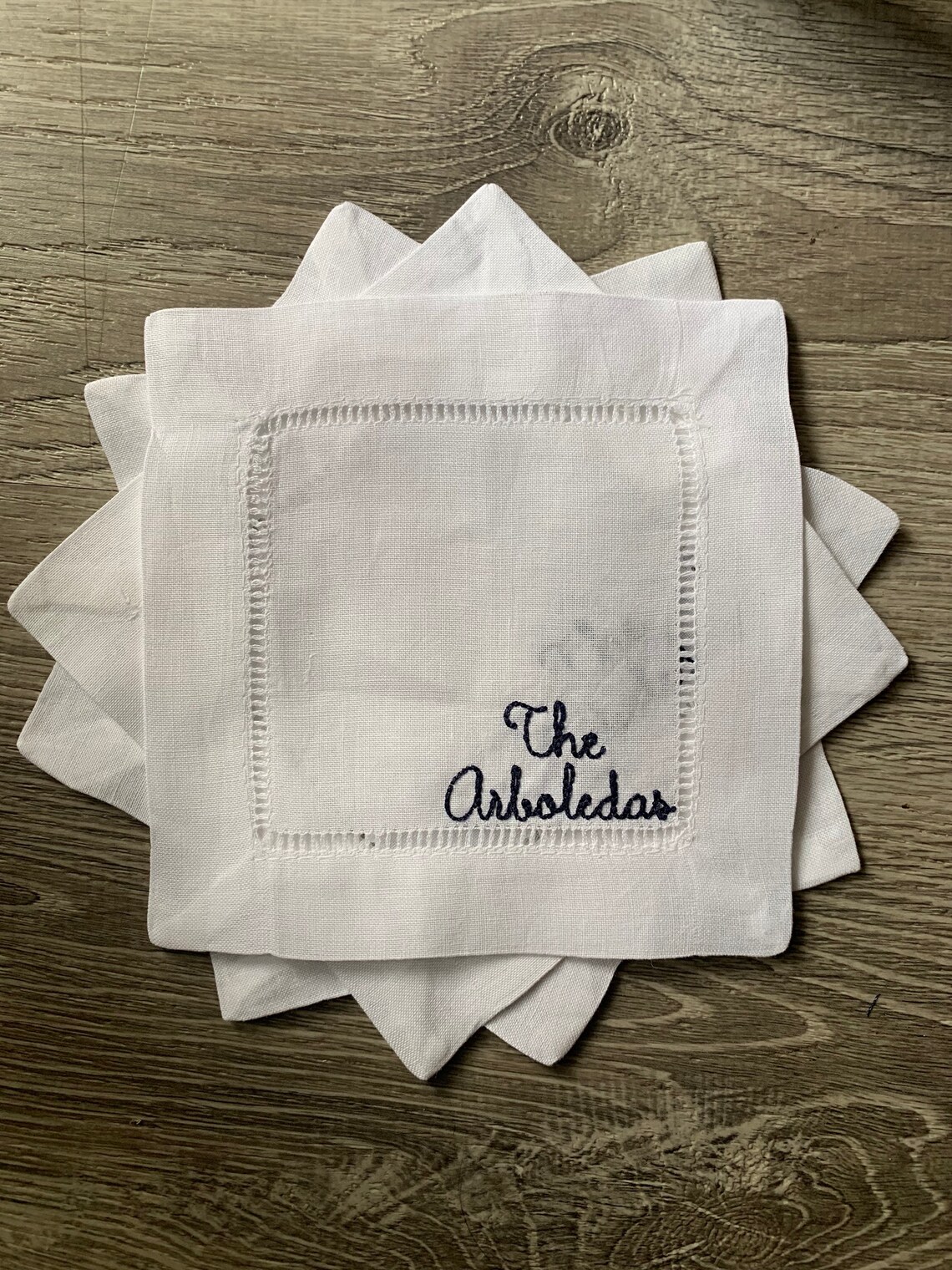 Hemstitch Linen Cocktail Napkins With Last Name - Etsy