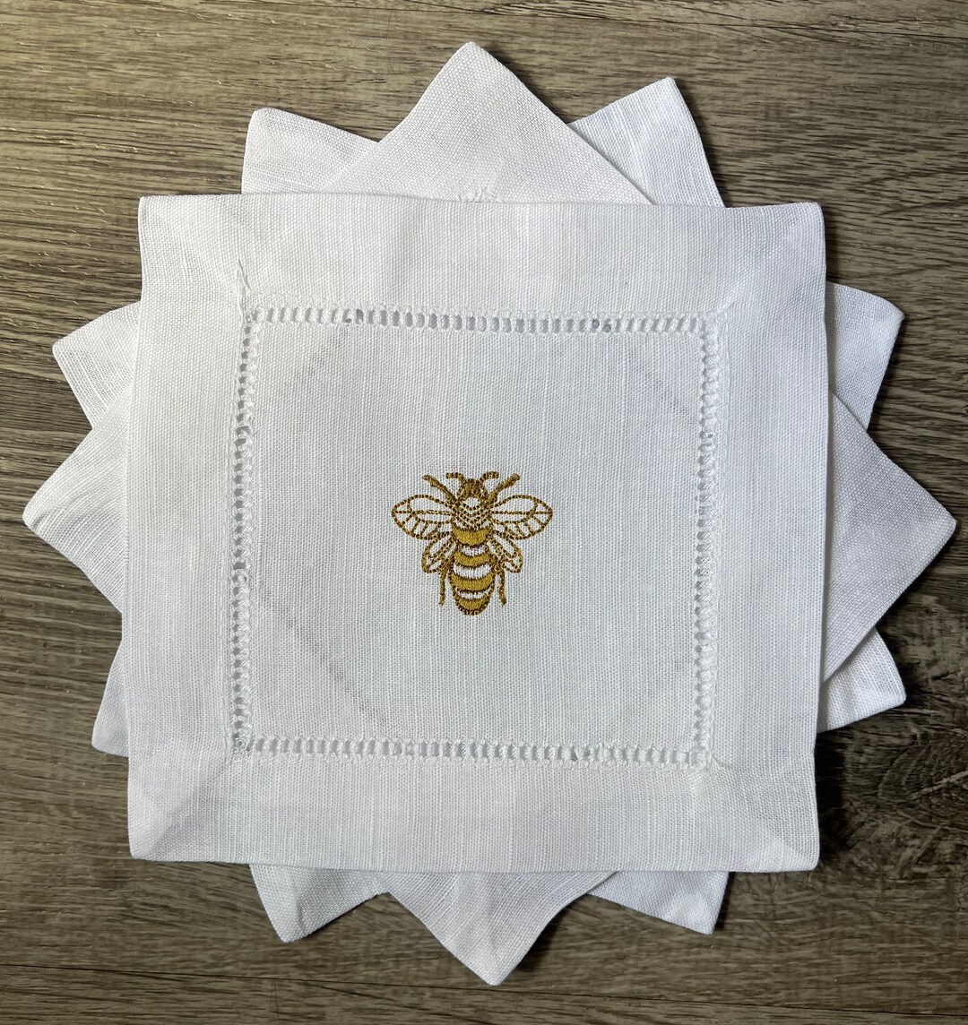 Embroidered Bee Cocktail Napkins | Monogram Bee Linen Cocktail Napkins ...