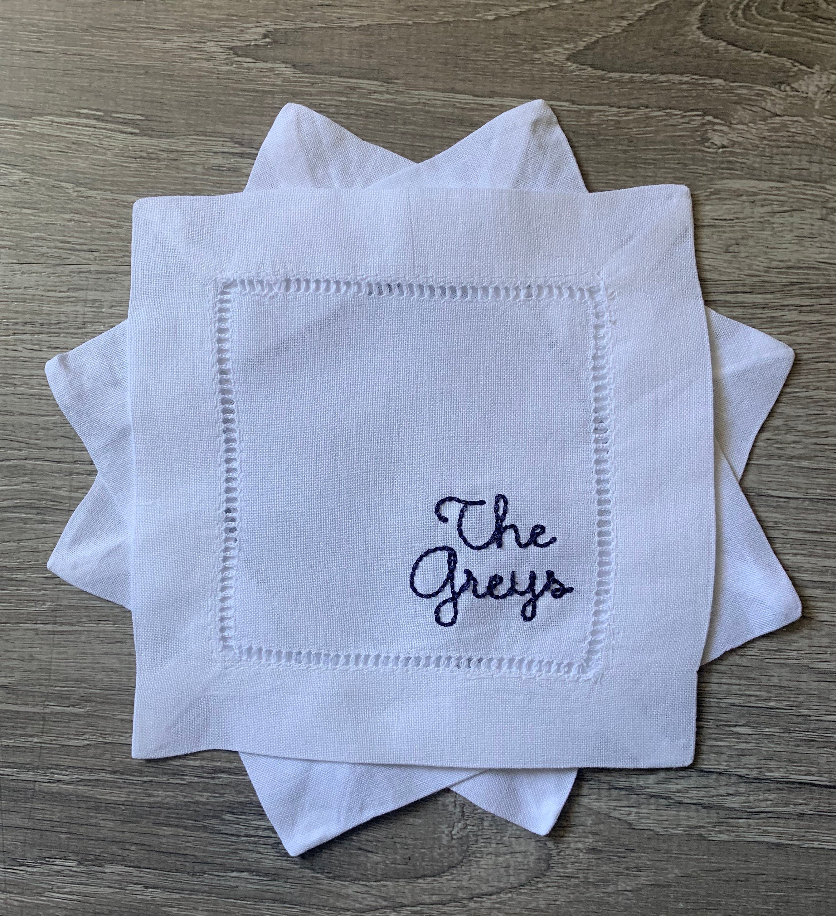 Hemstitch Linen Cocktail Napkins With Last Name | Embroidered Cocktail ...