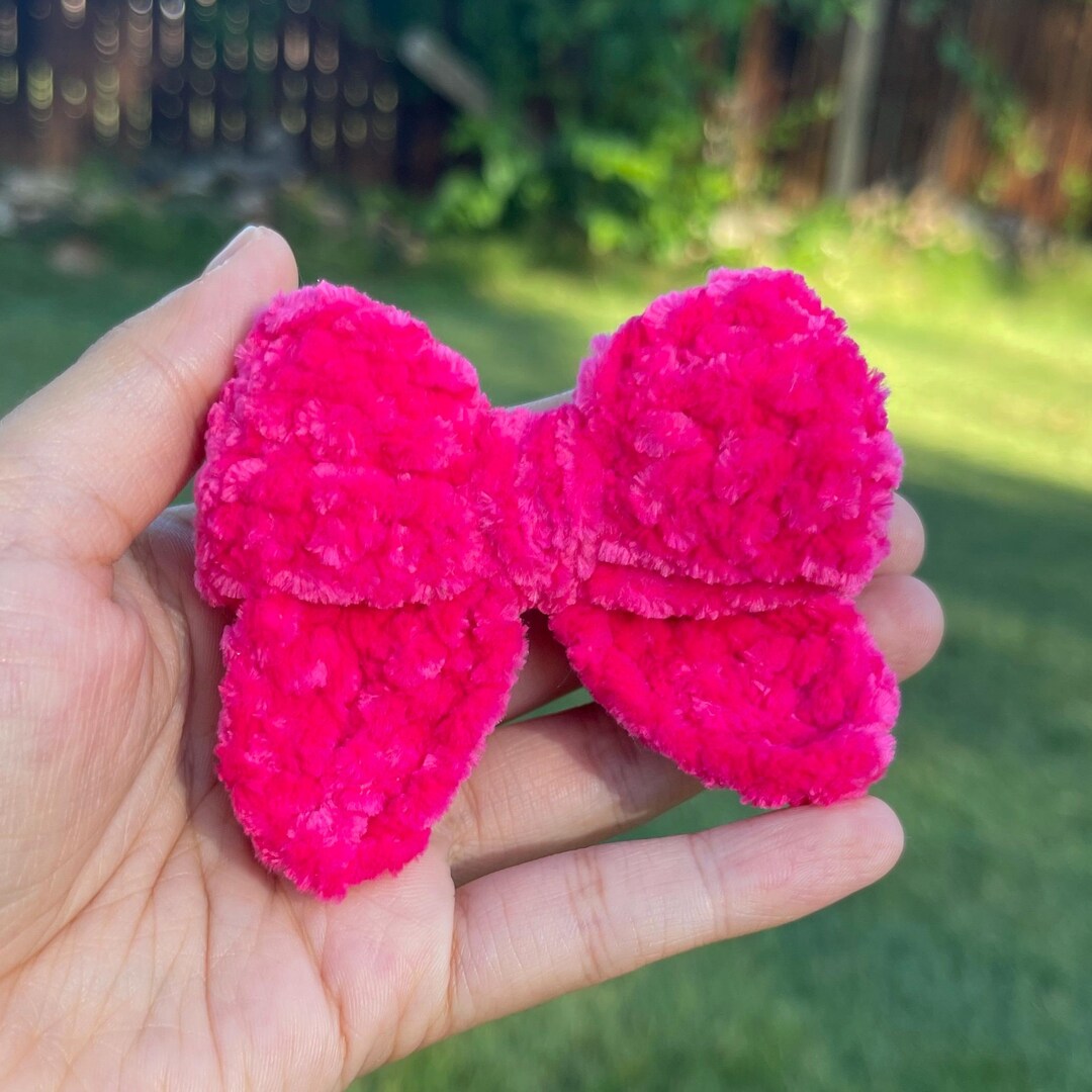 Hot Pink Velvet Crochet Mini Hair Bow | Squared Ends Hair Bow | Soft ...
