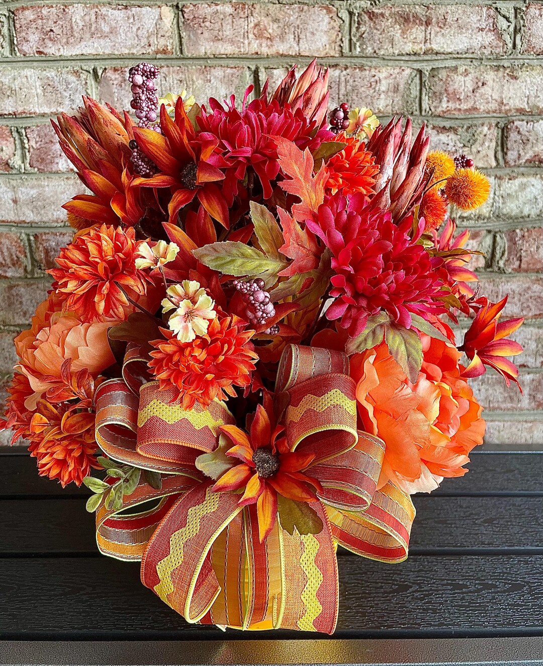 Fall Mum Arrangement: Autumn Floral Centerpiece With Designer Ribbon - Etsy