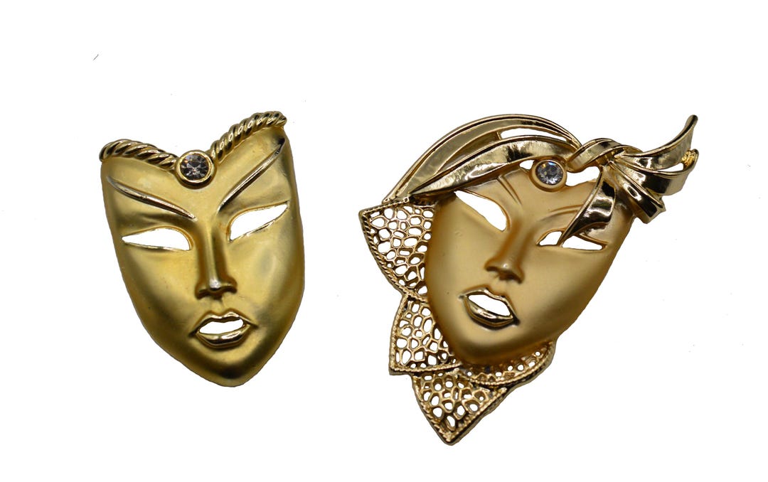 Vintage Italian Venice Carnival Gold Tone Mask Brooches - Final Price ...